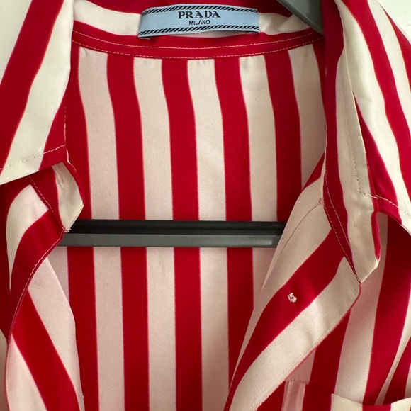 Prada | Tops | Prada Red And White Silk Button Up | Poshmark